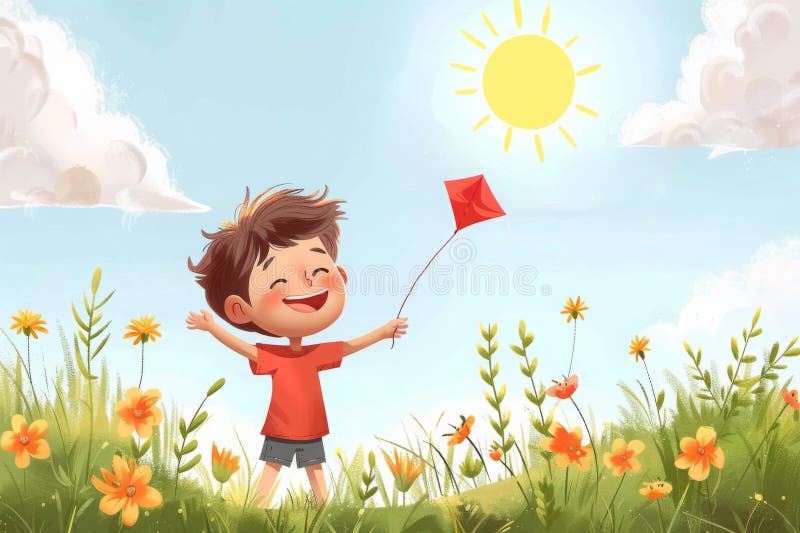 Cute Boy is Playing with a Kite in the Park. Summer or Spring Holidays ...