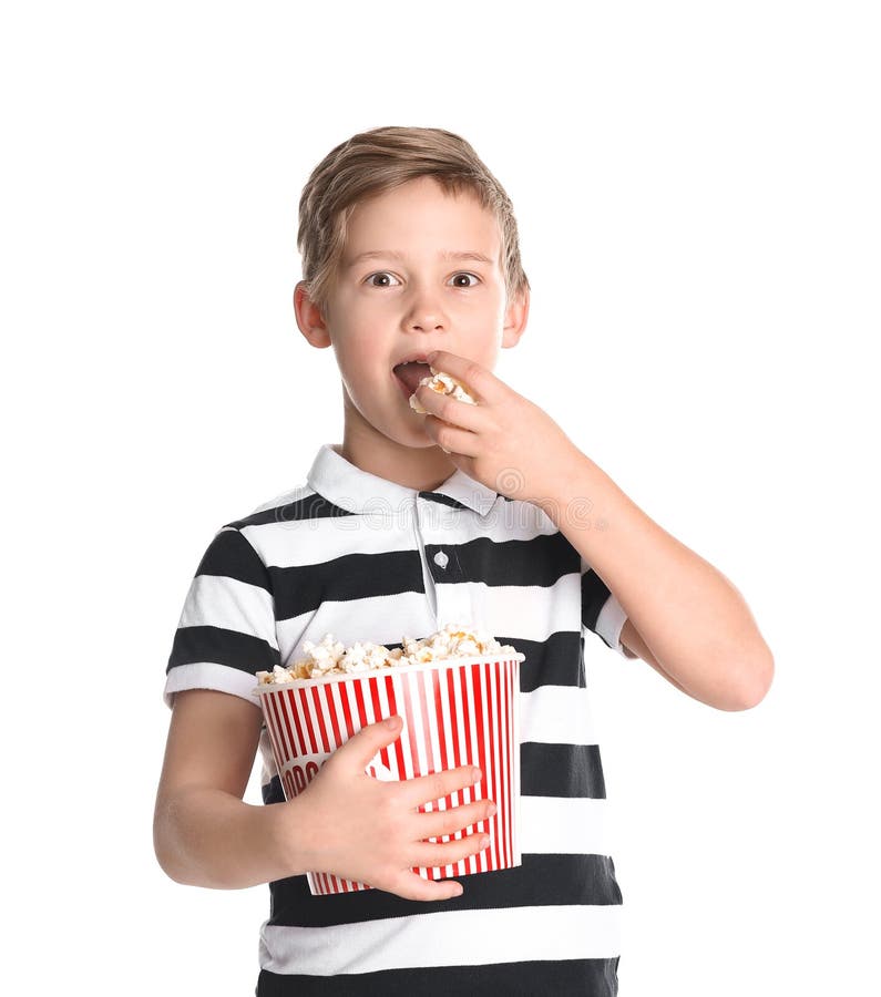 Cute Boy with Popcorn Bucket on White Stock Image - Image of cute ...
