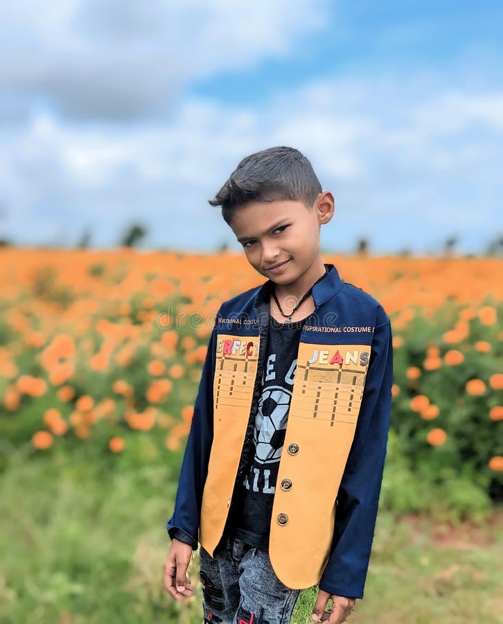 Cute Boy Portrait in the Flower Field Stock Image - Image of field ...