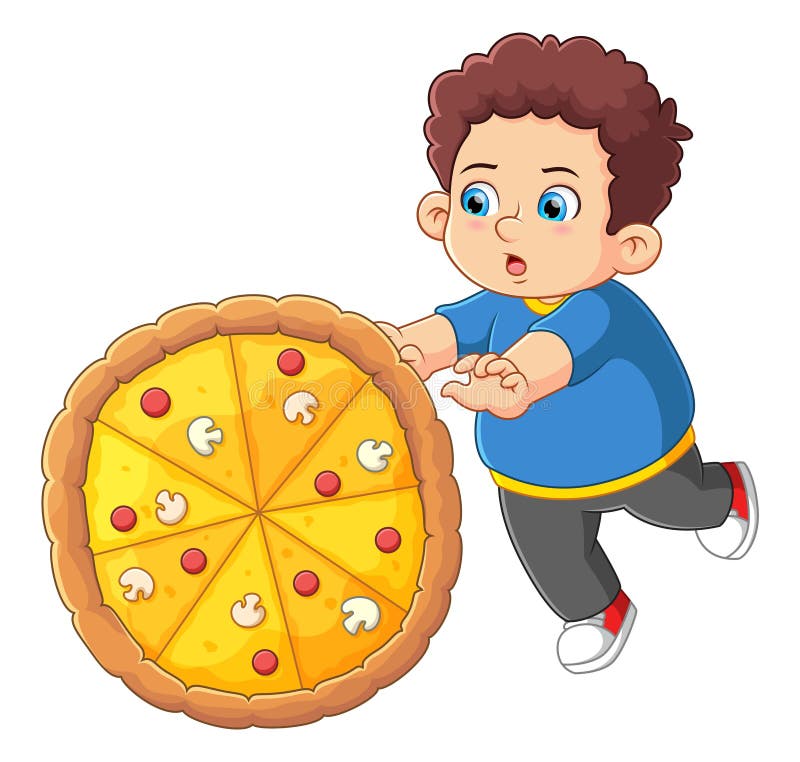 A Cute Boy Pushing a Big Pizza Stock Vector - Illustration of mascot ...