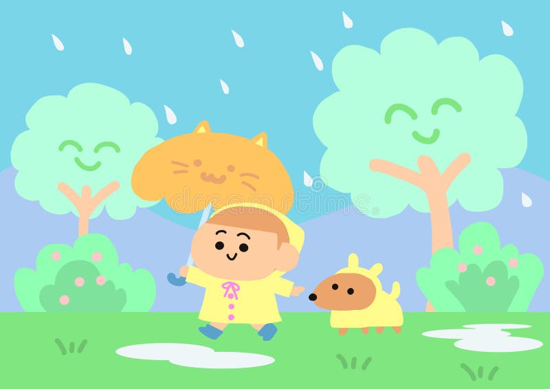 Cute boy with raining day stock vector. Illustration of outside - 317390074