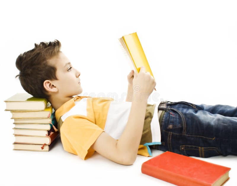 Cute Boy Reading a Book on the Floor Stock Photo - Image of literacy ...