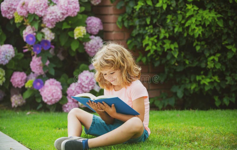 Cute Boy Reading Book on Green Grass. Stock Image - Image of book ...