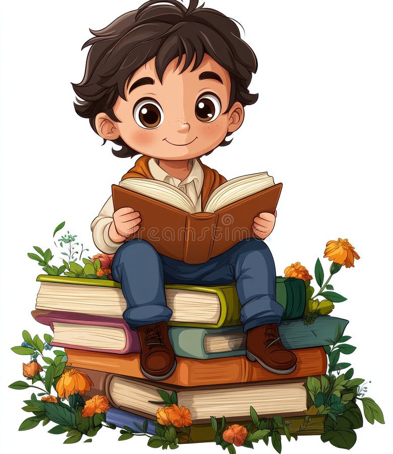 Cute Boy Reading Book Illustration Stock Illustration - Illustration of ...