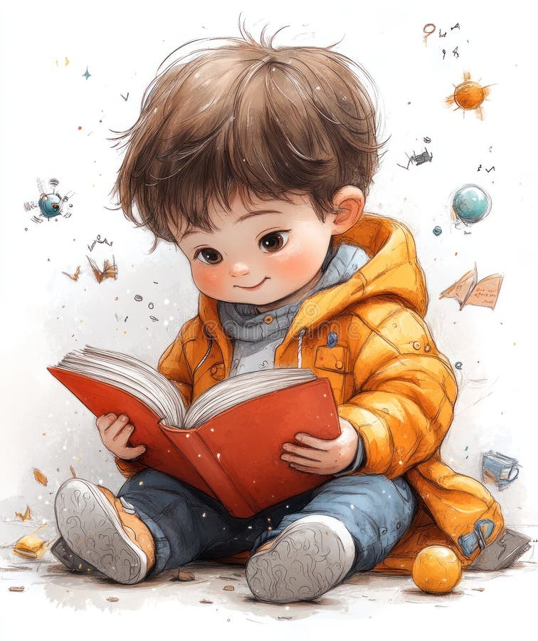 Cute Boy Reading Book Under a Tree Illustration Stock Illustration ...