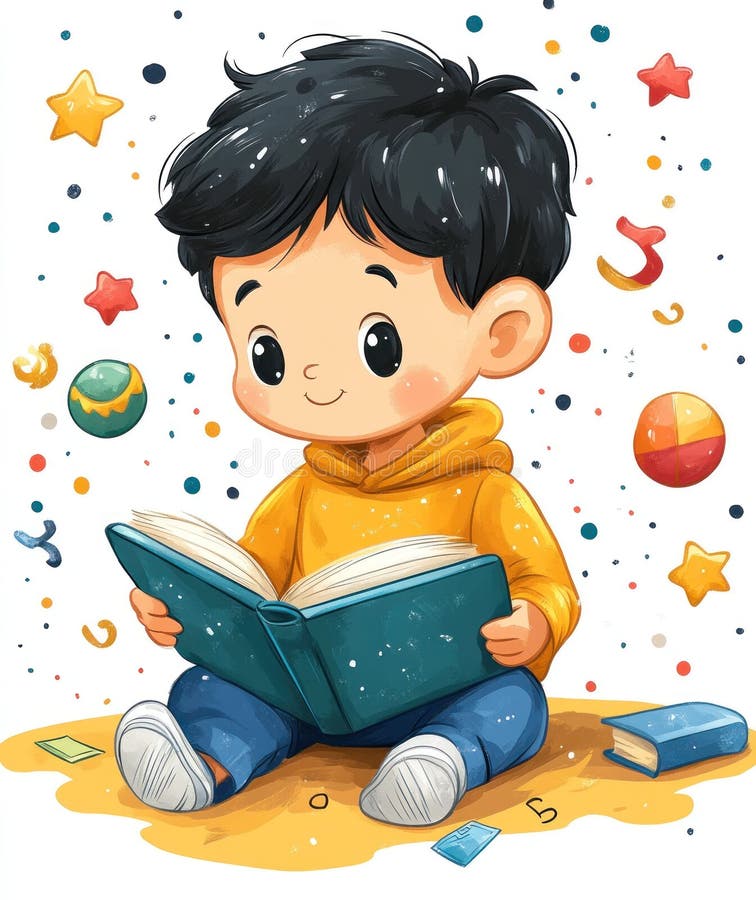 Cute Boy Reading a Book Illustration Stock Illustration - Illustration ...