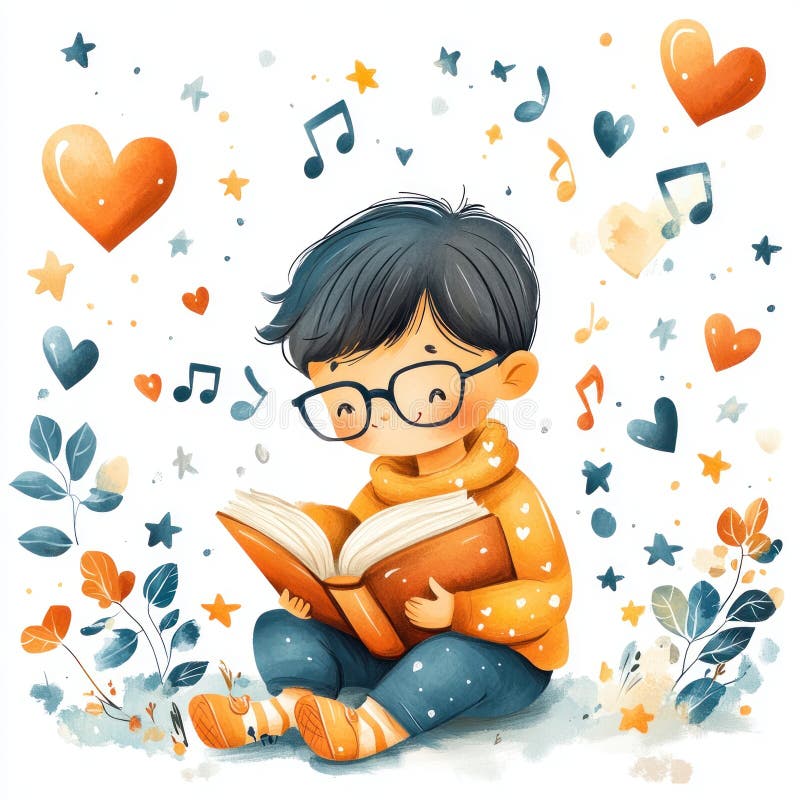 Cute Boy Reading a Book Illustration with Hearts, Stars, and Musical ...