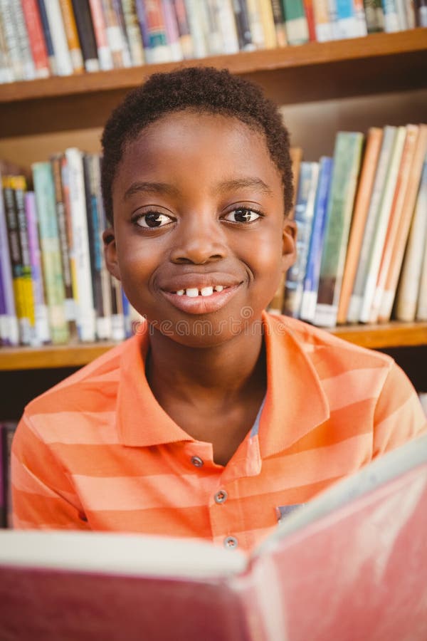 Cute Boy Reading Book in Library Stock Photo - Image of research ...
