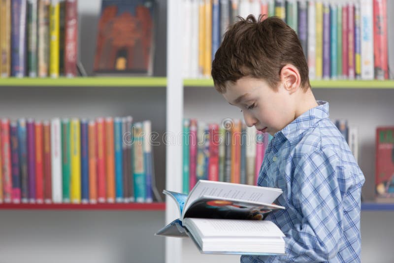 Cute Boy Reading Book in Library Stock Image - Image of laptop ...