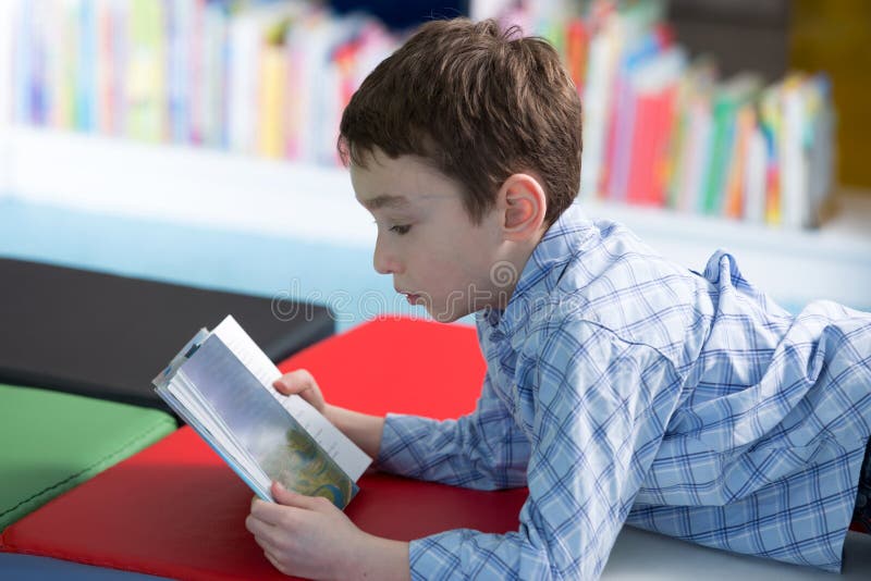 Cute Boy Reading Book in Library Stock Photo - Image of learn, desk ...