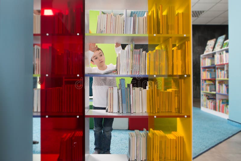 Cute Boy Reading Book in Library Stock Photo - Image of knowledge ...