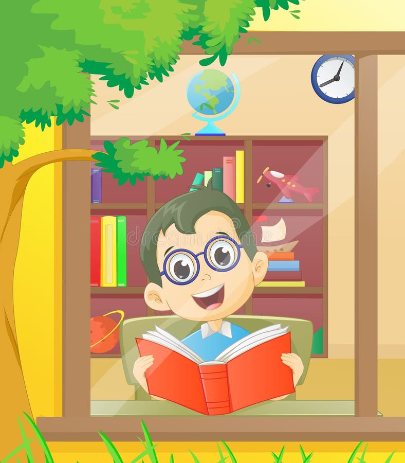 Cute Boy Reading a Book in the Library Stock Vector - Illustration of ...