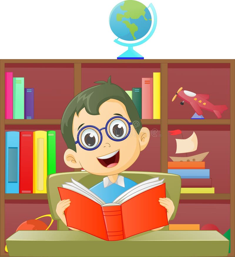 Cute Boy Reading a Book in the Library Stock Vector - Illustration of ...