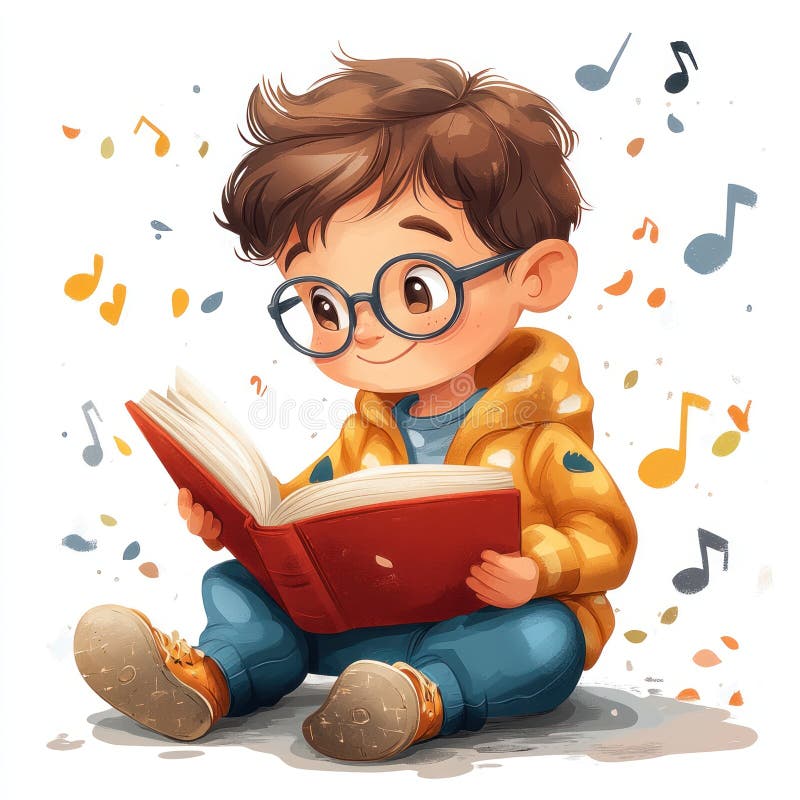 Cute Boy Reading a Book with Music Notes Illustration Stock ...