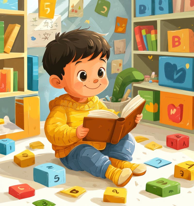 Cute Boy Reading a Book Illustration with Hearts, Stars, and Musical ...