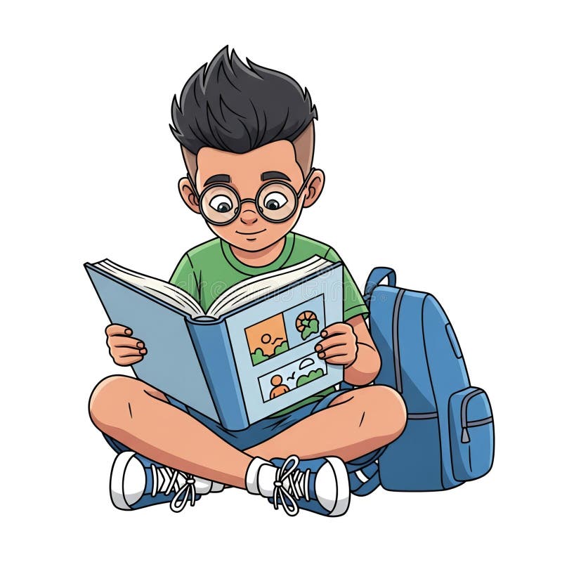 Cute Boy Reading a Book while Sitting, Kids Education and Study ...