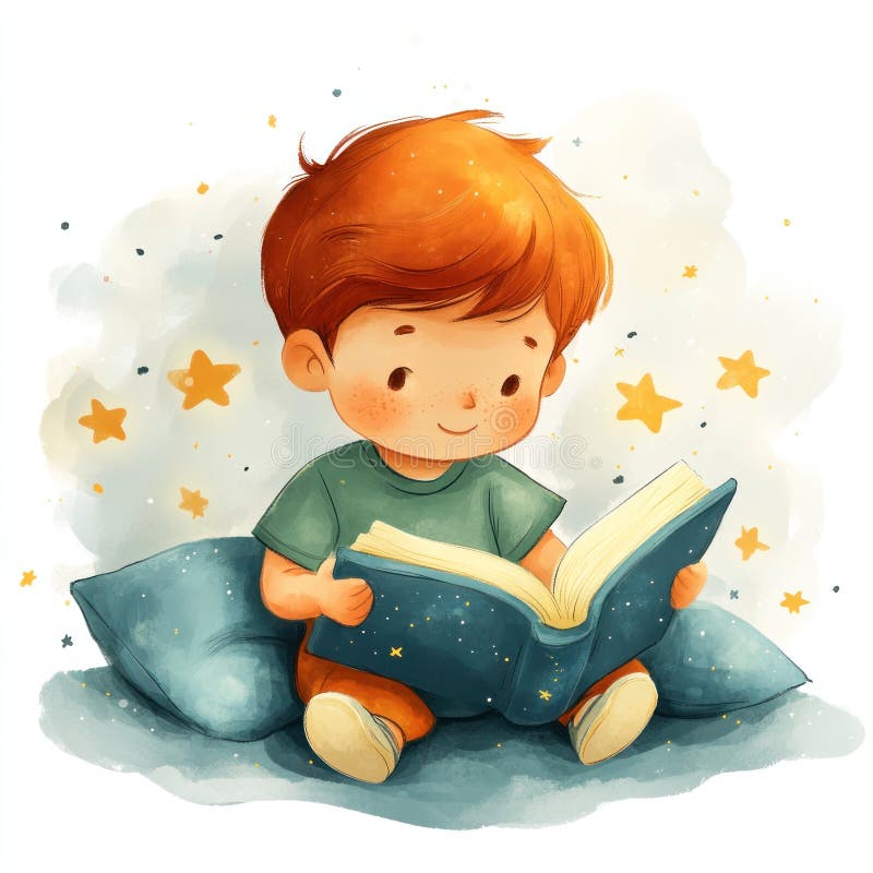 Cute Boy Reading a Book with Stars Illustration Stock Illustration ...