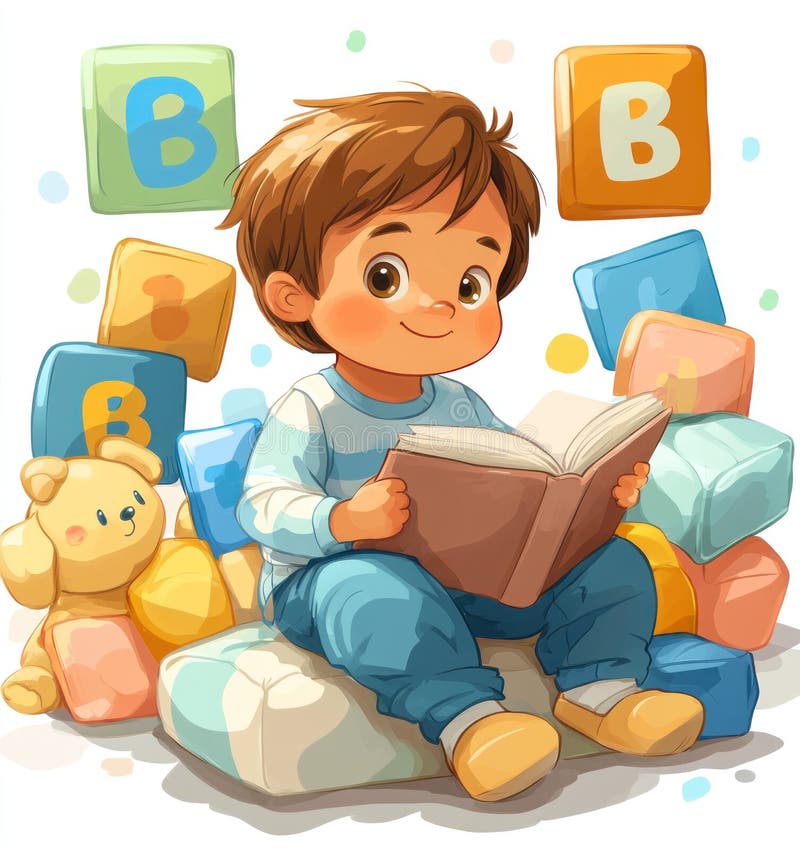 Cute Boy Reading a Book Surrounded by Colorful Blocks Illustration ...