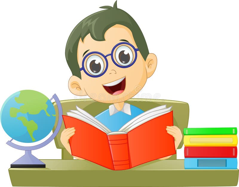 Cute Boy Reading a Book in the Library Stock Vector - Illustration of ...
