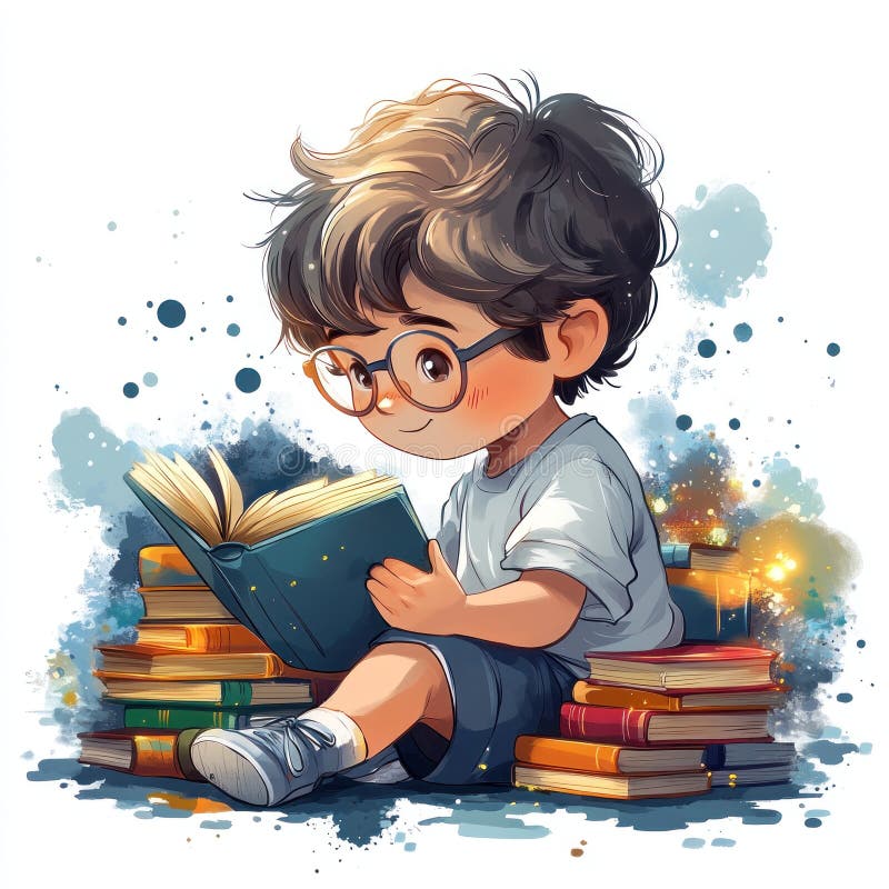 Cute Boy Reading Books Illustration Stock Illustration - Illustration ...