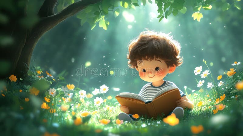 Cute Boy Reading in a Field of Flowers Illustration Stock Image - Image ...