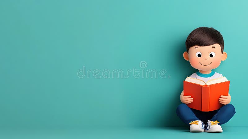 Cute Boy Reading a Red Book, 3D Render Illustration on Teal Background ...