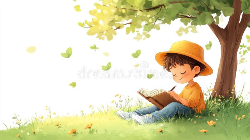 Cute Boy Reading Under a Tree Illustration Stock Illustration ...