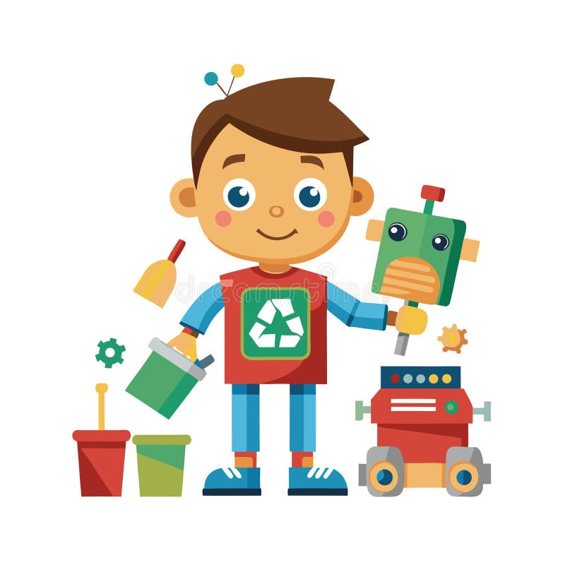 Boy with Recycle Symbol Building Robots and Sorting Trash Illustration ...