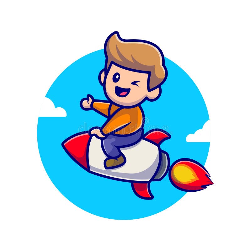 Cute Boy Riding Rocket Cartoon Icon Illustration Stock Vector ...