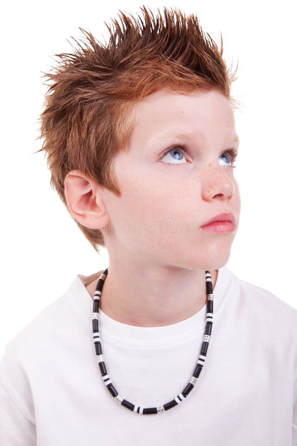 Cute Boy with a Serious Look, Looking Up Stock Photo - Image of ...