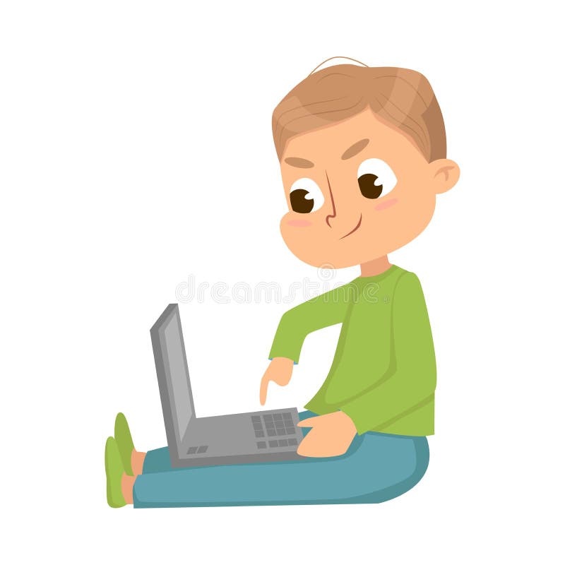 Cute Boy Sitting with Laptop Studying Computer Science Vector ...