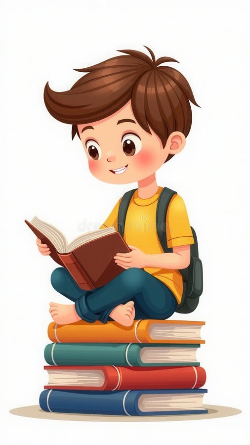 Cute Cartoon Boy Reading Book Sitting Stack Books Stock Photos - Free ...