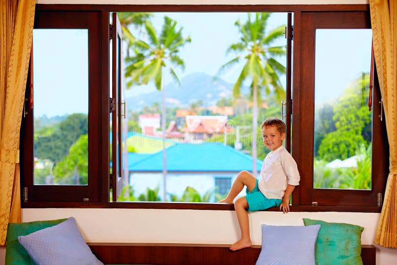 Cute Boy Sitting Window Sill Tropics Kid Stock Photos - Free & Royalty ...