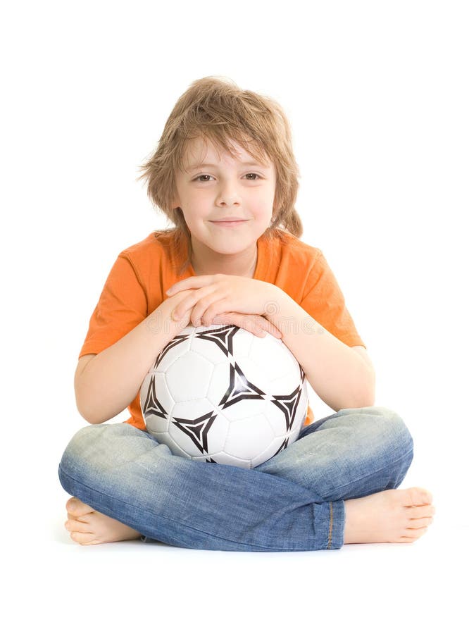 Cute Boy with Soccer Ball on Lawn. Little Boy in Colorful Tracksuit ...
