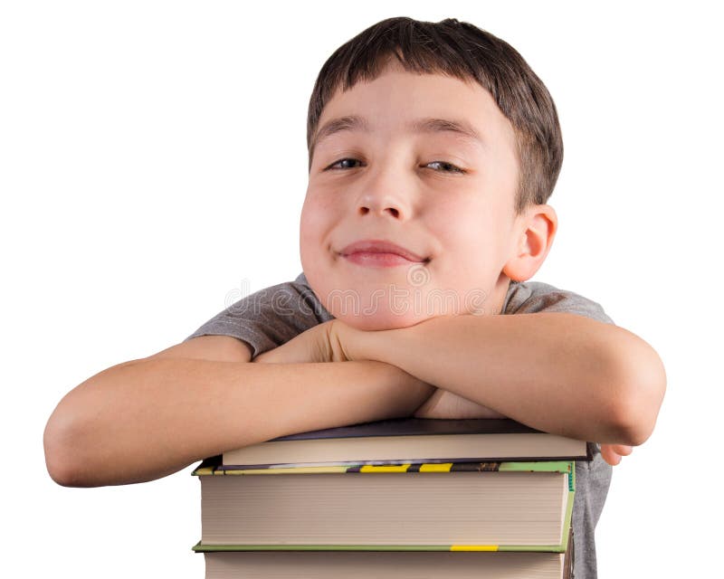 Cute Boy with Stack of Books Posing on White Background Stock Photo ...