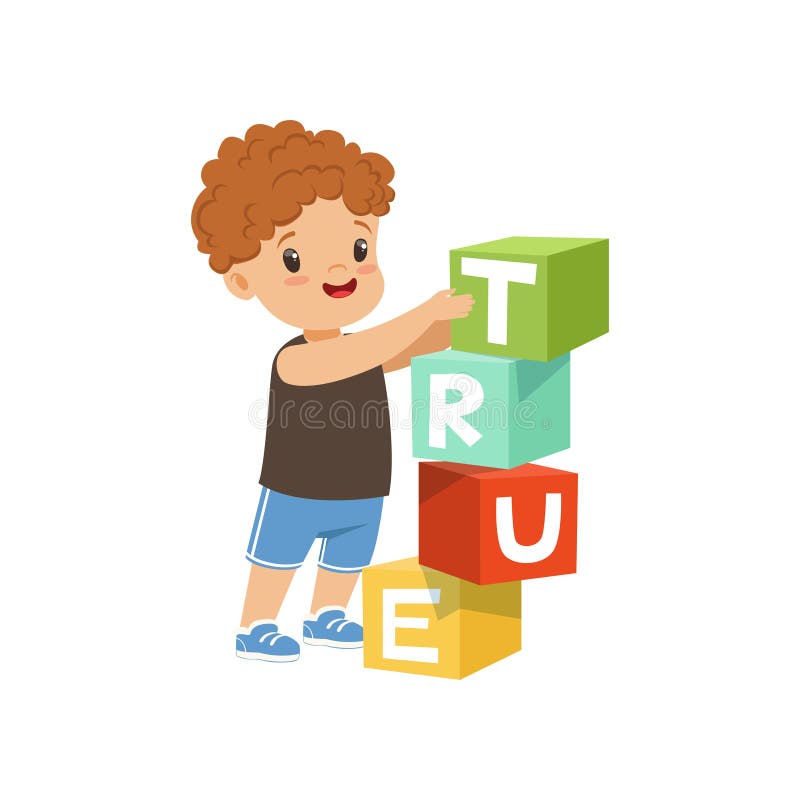 Cute Boy Stacking Up Cube Tower Forming a True Word Vector Illustration ...