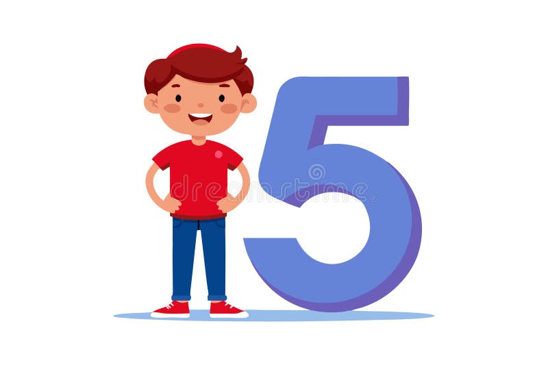 Cute Boy Standing Next To a Large Number Five in a Playful Pose Stock ...