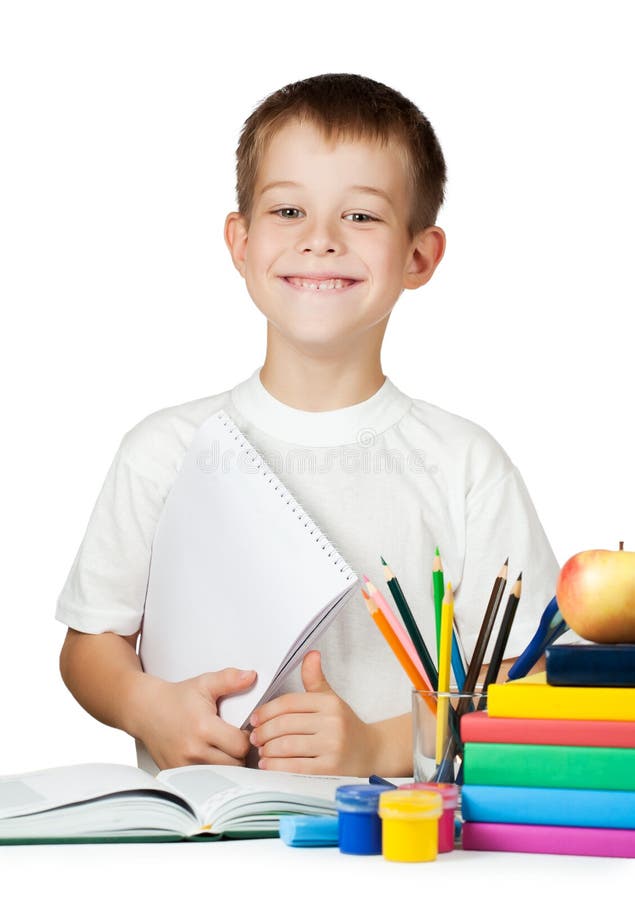 Cute Boy Student with Books and Pencils Stock Photo - Image of cute ...