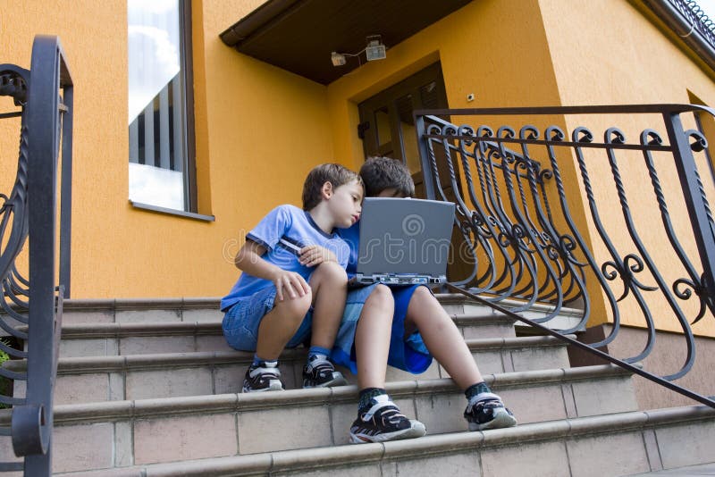 Cute boy study on computer stock photo. Image of activities - 2917052