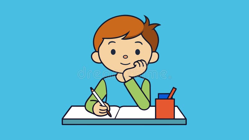 Cute Boy Thinking while Working on His School Project Stock Vector ...