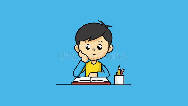 Cute Boy Thinking while Working on His School Project Stock Vector ...
