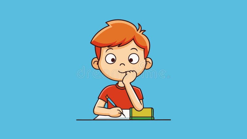 Cute Boy Thinking while Working on His School Project Stock Vector ...