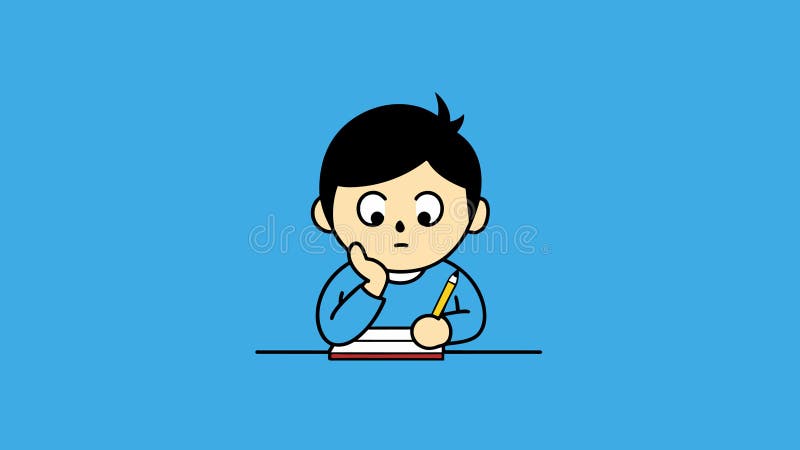 Cute Boy Thinking while Working on His School Project Stock Vector ...