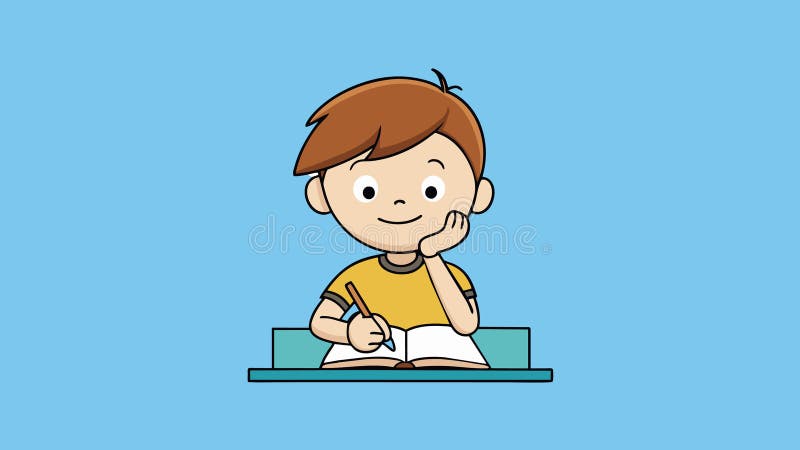 Cute Boy Thinking while Working on His School Project Stock Vector ...