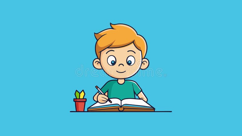 Cute Boy Thinking while Working on His School Project Stock Vector ...