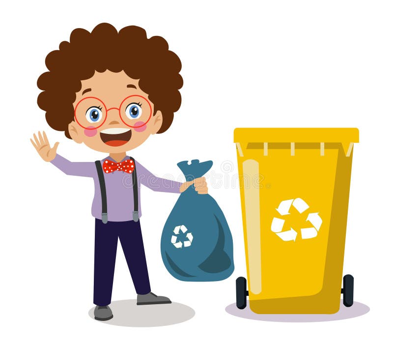 Cute Boy Throwing Trash in Recycle Bin Stock Illustration ...