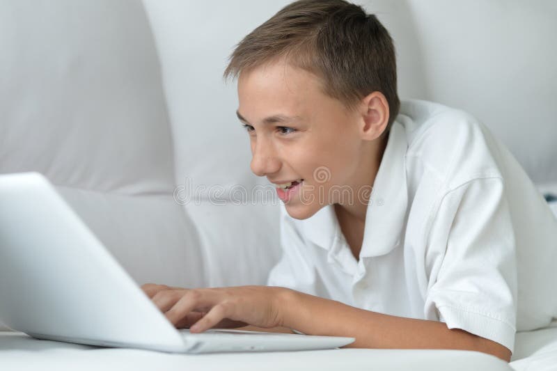 Cute Boy in Using Laptop at Home Stock Image - Image of pretty ...