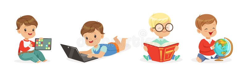 Cute Boy Using Modern Mobile Gadget and Read Book Learning Vector Set ...