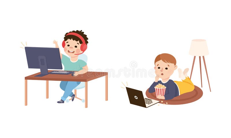 Cute Boy Watching Movie on Laptop with Popcorn and Sitting at Computer ...