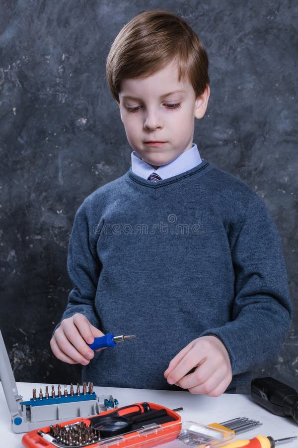 Cute Boy with Working Tools Stock Photo - Image of caucasian, tool ...
